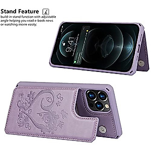 iCoverCase for iPhone 12 Pro Max Wallet Case with Card Slots Holder and Wrist Strap [RFID Blocking] Embossed Leather Kickstand Magnetic Clasp Shockproof Cover 6.7 Inch (Heart Purple)