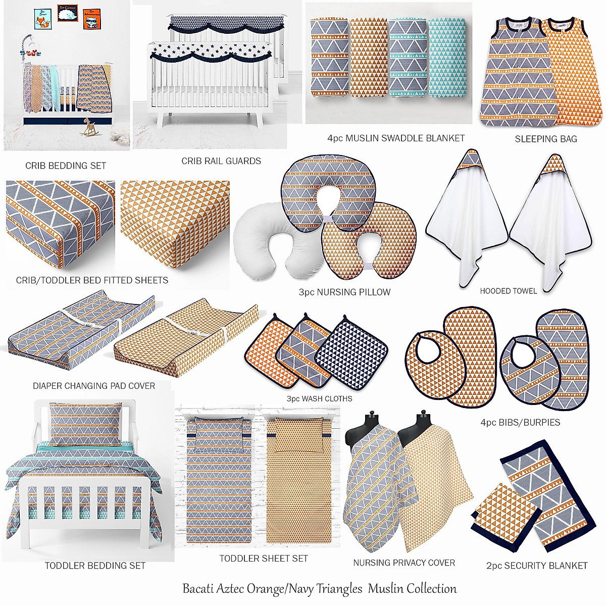 Bacati - 2 Pack Tribal/Aztec/Triangles Silky Soft Breathable 100% Cotton Muslin Baby Crib Fitted Sheets - Fits Standard 28 x 52 x 5 Crib & Toddler Mattresses (Orange/Navy Large Triangles)