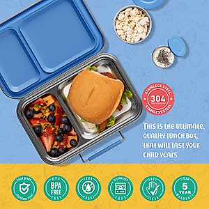 AOHEA Stainless Steel Lunch Box for Kids, Leak Proof Bento Lunch Box BPA Free 304 Stainless Steel Bento Box Stainless Bento Box with Containers for School and Office(Blue)