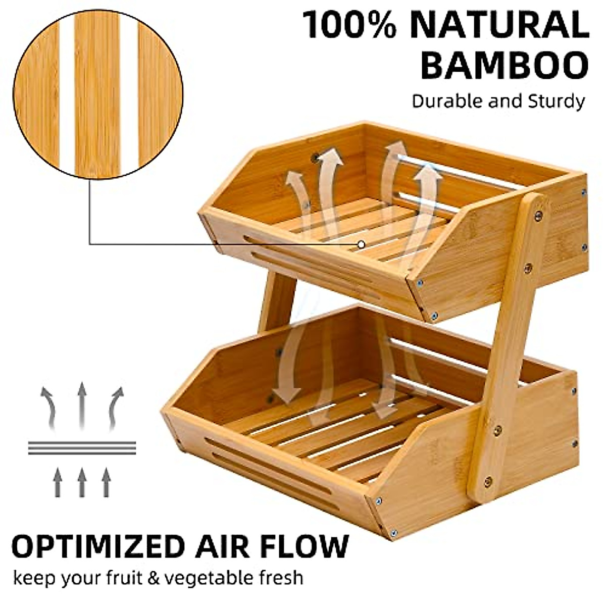 Fruit Basket, 2 Tier Bamboo Fruit Basket for Kitchen, 11" Tall Fruit Stand Storage Holder, Heavy Duty/Multipurpose/Large Capacity for Vegetables, Fruit, and Snack, 15 mm Thickness (Self-assembly)