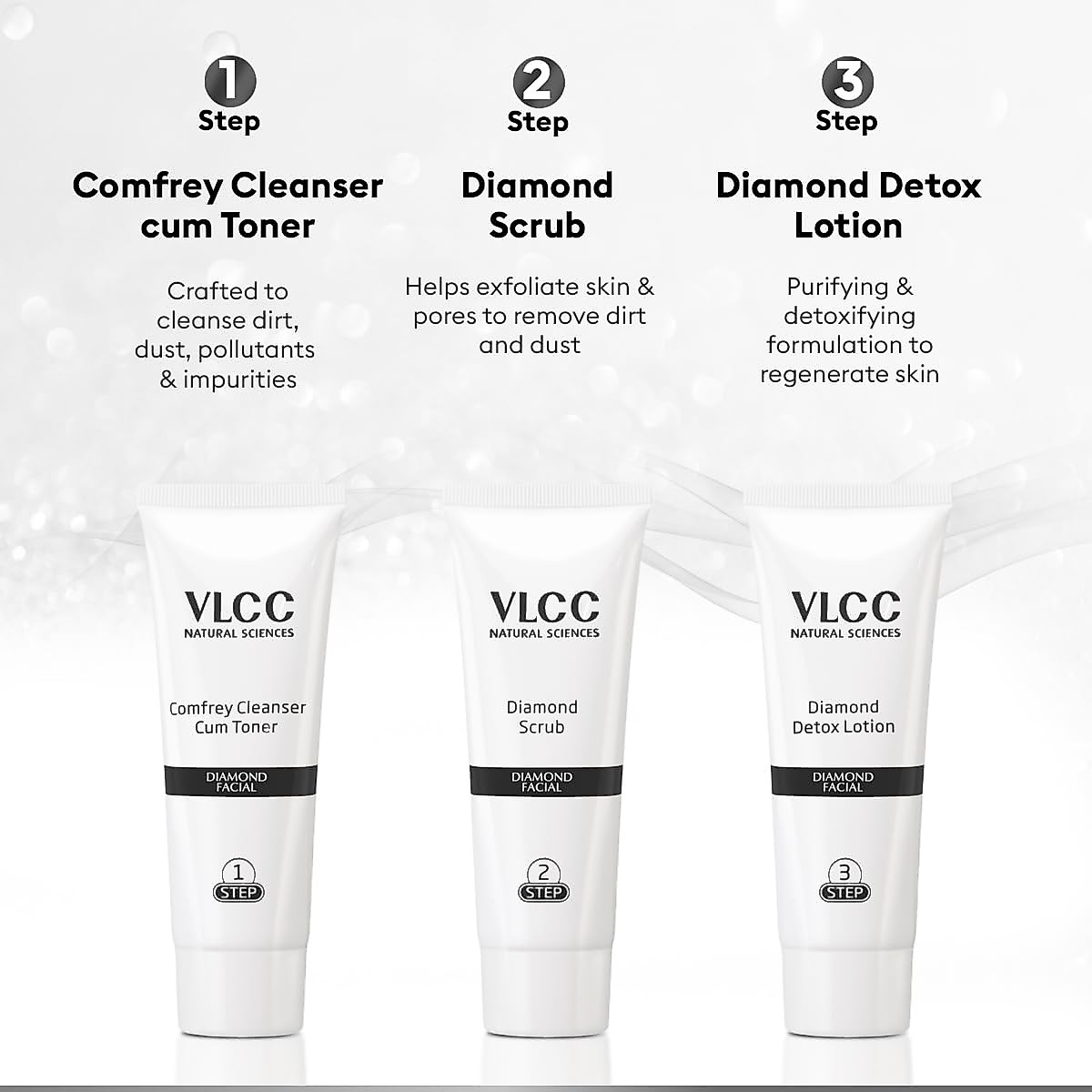 VLCC Party Diamond Facial Kit - Single Use | Salon Like Facial at Home in Just 6-Steps | Includes Cleanser, Scrub, Cream, Face Pack & Moisturizing Gels | 2.12 Oz/60g
