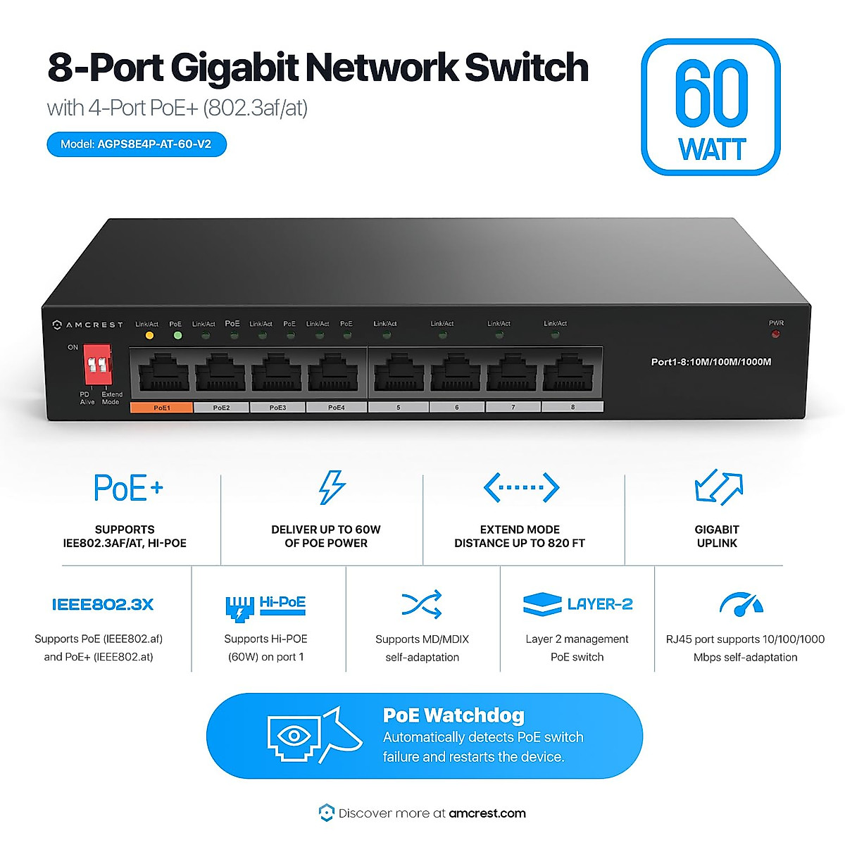Amcrest 8-Port Switch with 4-Ports POE+ 802.3af/at 60W, Metal Housing, (AGPS8E4P-AT-60-V2)