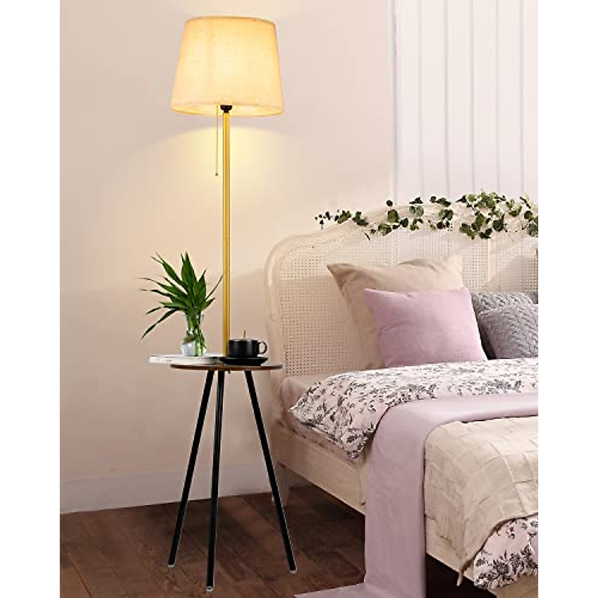 Floor Lamp with Shelves,Round Shelf Floor Lamps with E26 LED Bulb,Foot Switch Storage Wood Texture Modern Floor Lamp with Linen Shade,Display Standing Lamp for Living Room, Bedroom-Wooden