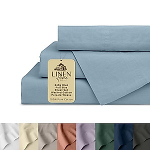 Linen Home Washed Cotton Percale Full Sheet Set, Baby Blue, Preshrunk, 4 Pieces Sets - 1 Flat, 1 Deep Pocket Fitted Sheet & 2 Envelope Closure Pillowcases, Cool and Comfortable Bed Linen