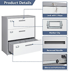 LISSIMO Lateral File Cabinet with Lock, 3 Drawer Metal Storage Filing Cabinet for Hanging Files Letter/Legal/F4/A4 Size, Vertical Files Cabinet for Home Office