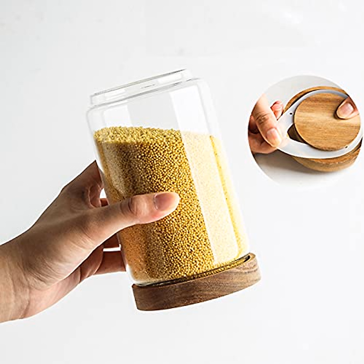 Bekith 3 Pack Glass Storage Containers with Airtight Seal Acacia Wood Lids, 31.6 FL OZ (950ml) Clear Glass Food Storage Jars for Kitchen, Glass Pantry Canister for Spaghetti Pasta, Coffee, Beans