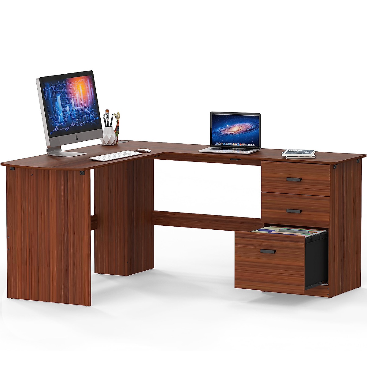 SHW L-Shaped Home Office Wood Corner Desk with 3 Drawers, Walnut