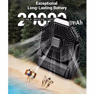 KopBeau Portable Camping Fan with Lights, 20000mAh Rechargeable Battery Operated Fan, Battery Powered Outdoor Beach Tent Fan with 3 Speeds & Hook, Personal USB Table Fan for Camping Accessories Black