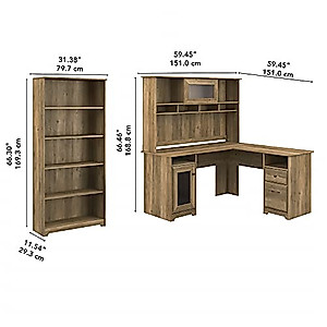 Bush Furniture Cabot L Desk with Hutch and 5 Shelf Bookcase, 60W, Reclaimed Pine
