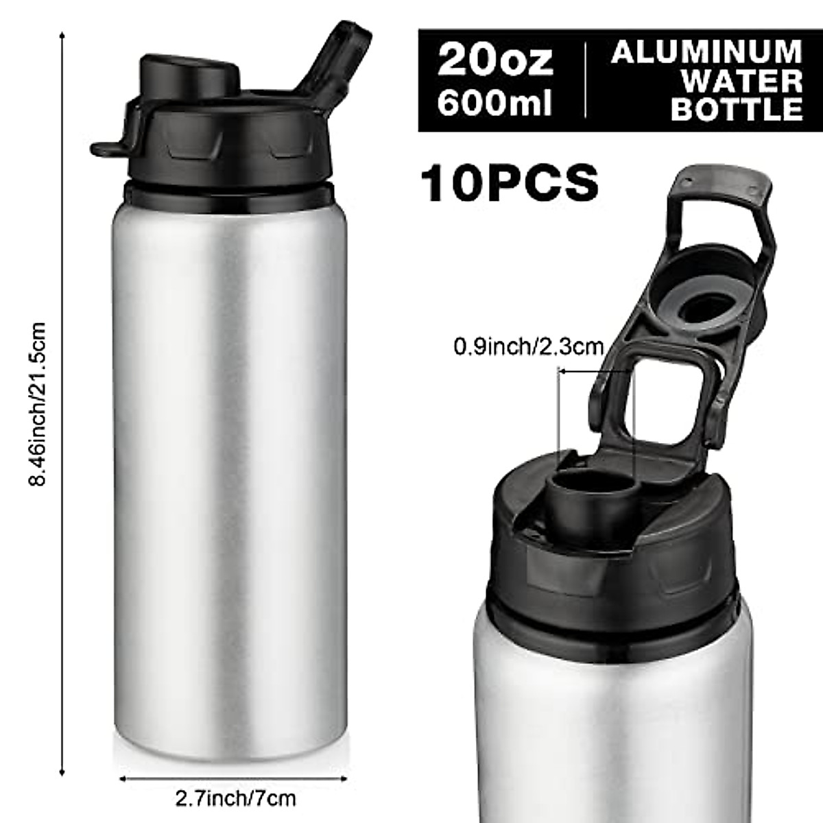 10 Pieces Aluminum Water Bottle 20 oz Leak Proof Aluminum Reusable Bottles Lightweight Portable Sports Water Bottle Bike Water Bottles Snap Lid Metal Water Bottle for Travel (Silver)
