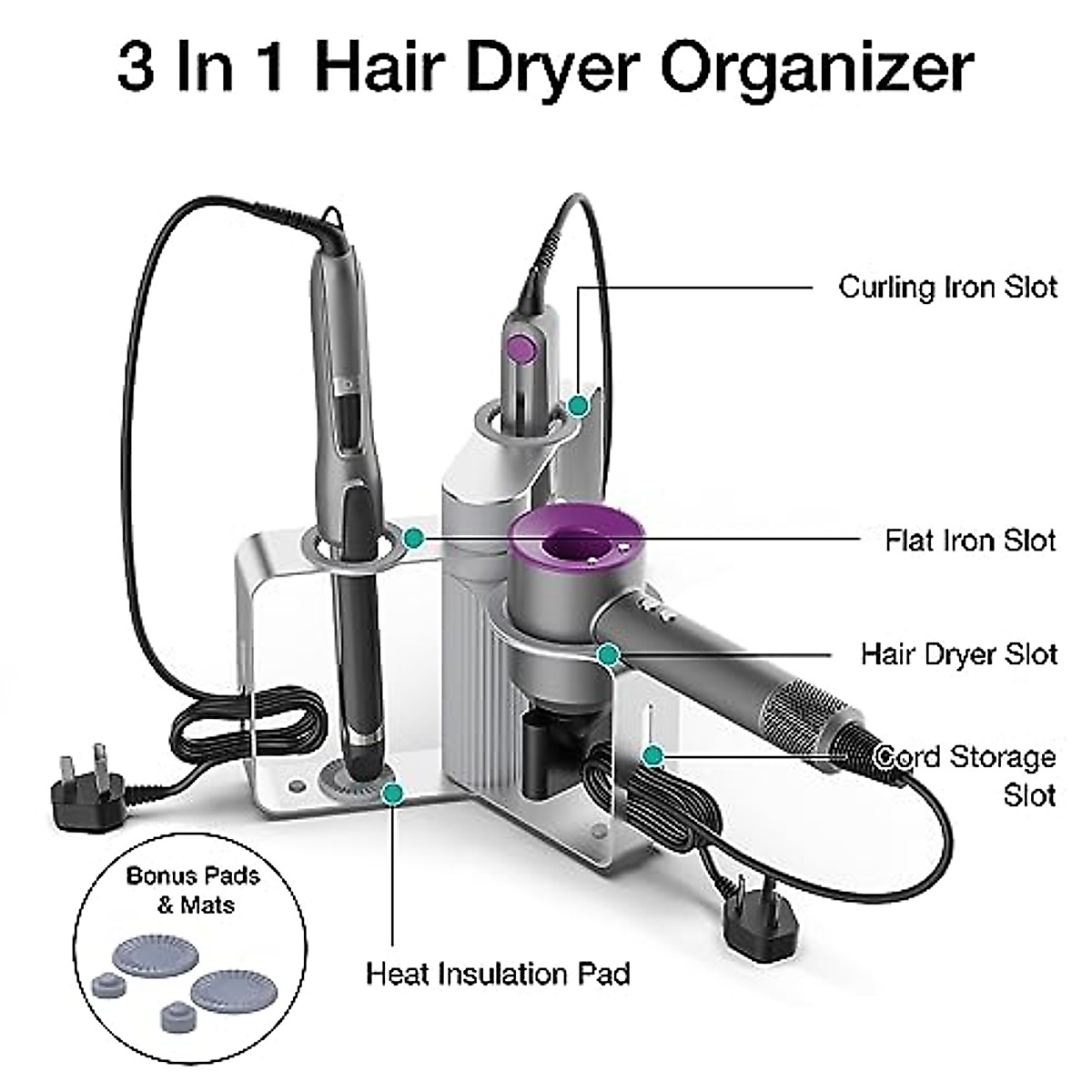 GREENTEC Foldable Hair Dryer Holder, 3 in 1 Hairstyling Tools Organizer, Curing Wand Stand, Heat Resistant Organizer for Flat Iron, Stainless Steel Holder for Bathroom, Cabinet, Salon Station