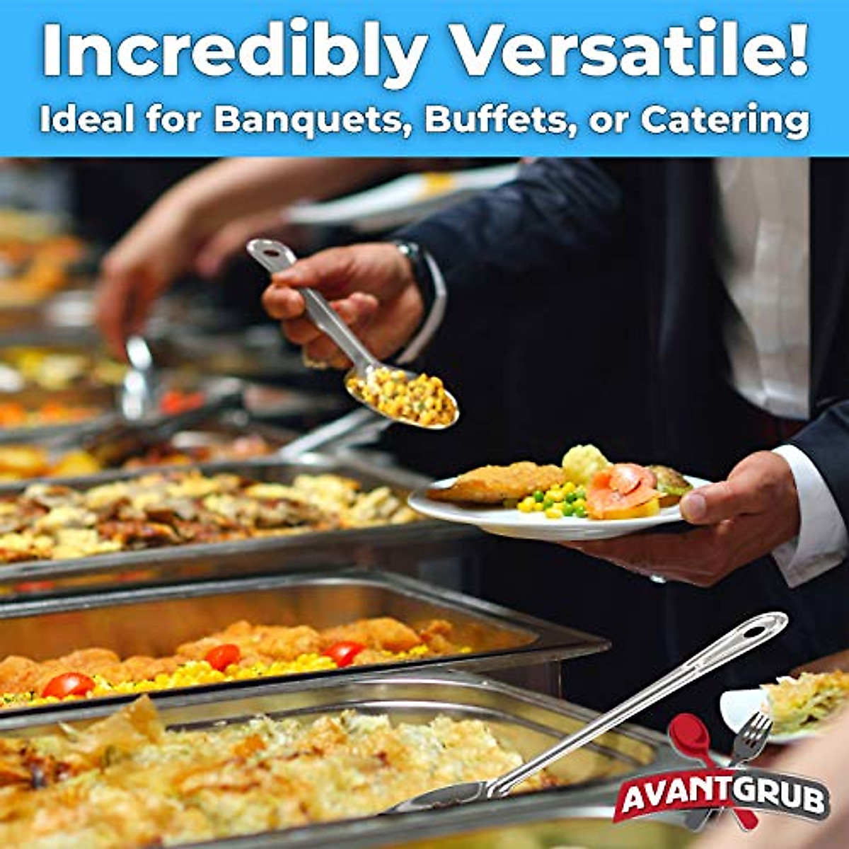 Super Strong, Ergonomic 11 in Serving Spoon 5 Pk. Big, Solid Stainless Steel Spoons for Cooking, Baking and Basting. Best Kitchen Flatware for Buffet and Banquet Service in Restaurants and Homes