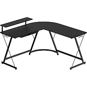 SHW Vista L-Shape Desk with Monitor Stand, Black
