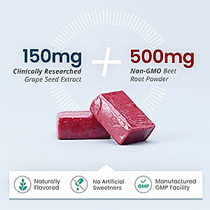 humanN SuperBeets Heart Chews - Nitric Oxide Production and Blood Pressure Support - Grape Seed Extract & Non-GMO Beet Energy Chews - Pomegranate Berry Flavor, 60 Count