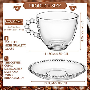 8 oz Glass Tea Cups and Saucer Set, Clear Tea Cups Set Clear Coffee Cups with Handles for Latte, Cappuccino, Mocha, Hot Chocolate, Tea, Juice, Hot or Iced Beverage, Cute Bead Design (2 Set)