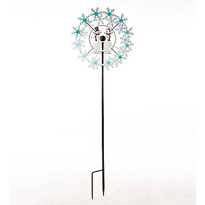 Plow & Hearth Christmas Holiday Winter Snowman and Snowflakes Metal Wind Spinner with Dual-Motion Rotors and Sectional Steel Pole with Ground Stakes in Powder-Coated Metal, 24" Dia. x 12" D x 75" H