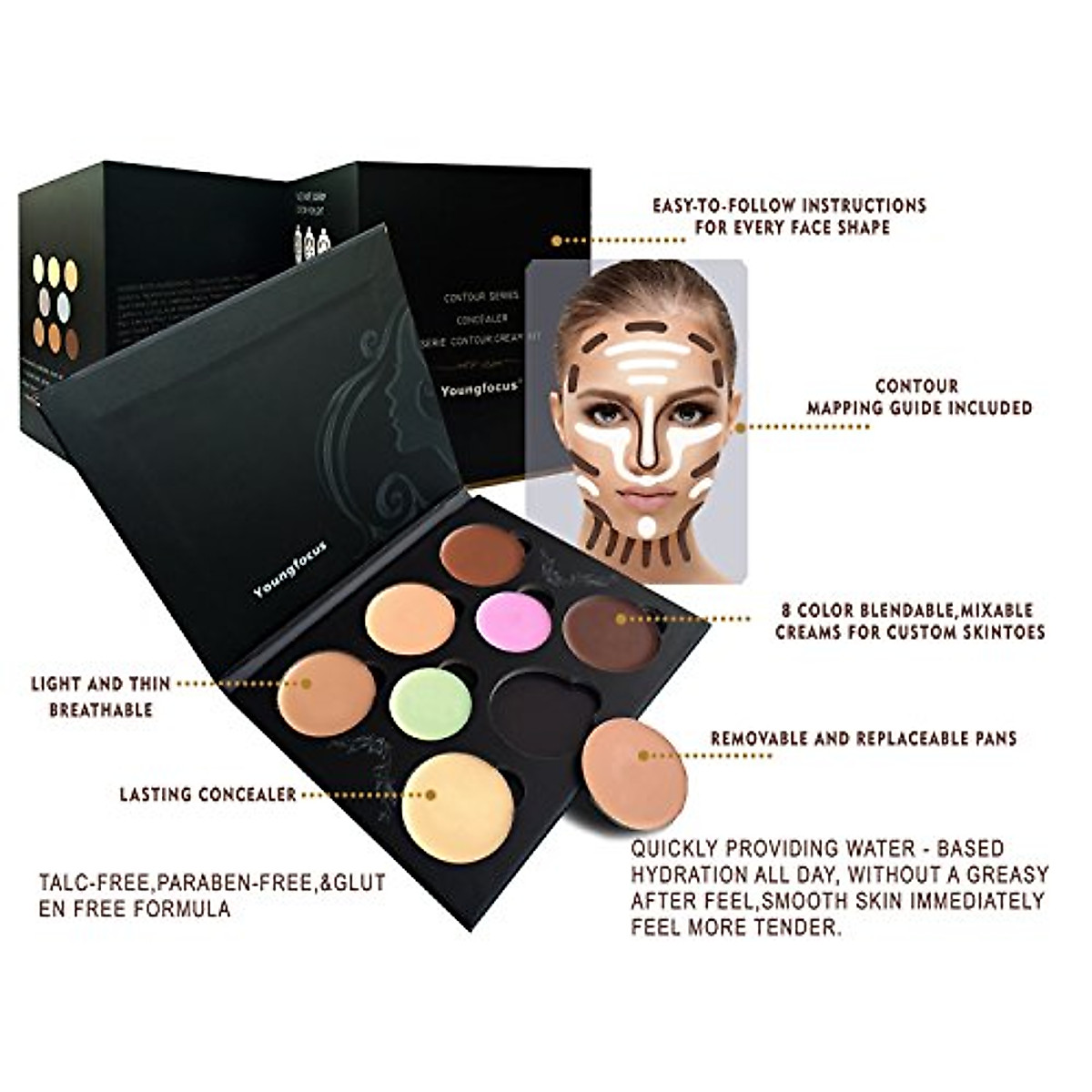 Youngfocus Cosmetics Cream Contour Best 8 Colors and Highlighting Makeup Kit - Contouring Foundation/Concealer Palette - Vegan & Cruelty Free - Step-by-Step Instructions Included