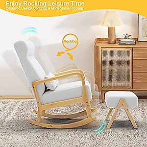 HOMREST Glider Chair with Ottoman,High Backrest for Nursery, Upholstered Fabric Indoor Rocking Armchair with Lumbar Pillow for Living Baby Room(White)