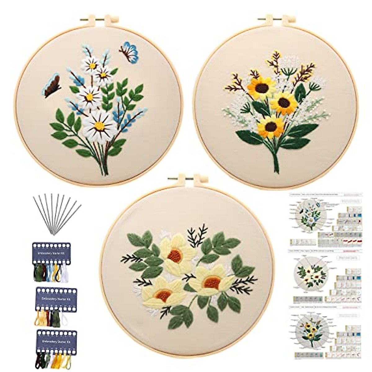 GLTAYLMY 3 Pack Embroidery Starters Kit with Pattern for Beginners,Cross Stitch Kits with 1 Plastic Embroidery Hoops,Needles and Color Threads,Needlepoint Kit for Adults