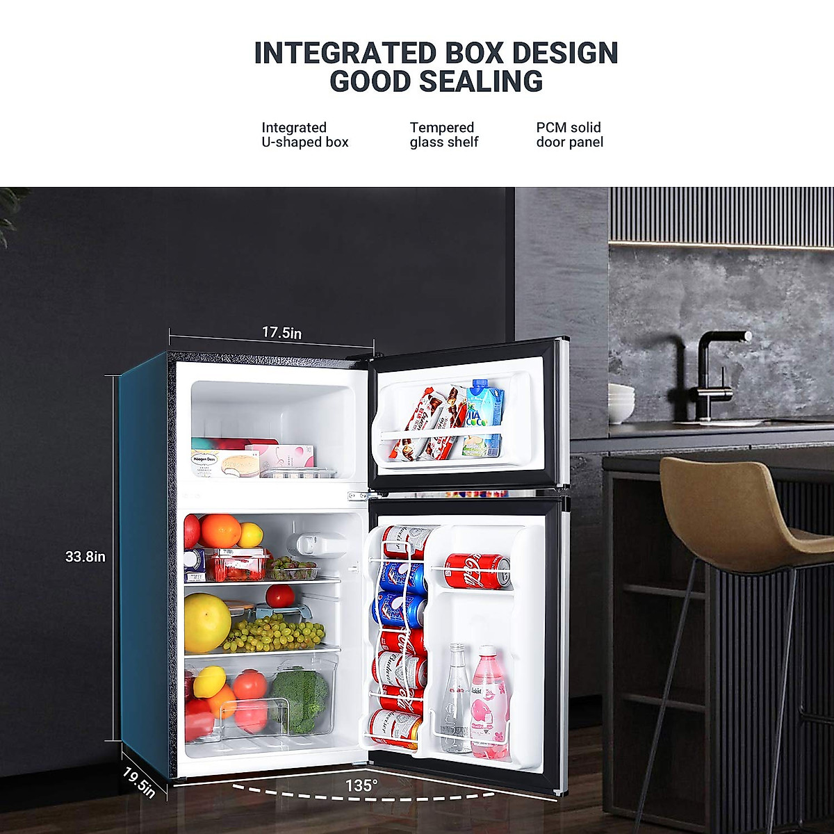1256 Compact Refrigerator 3.2 Cu.Ft, 2-Door Mini Fridge With Freezer, Energy Saving, LED Inside, Low Noise, Upright Fridge Suitable For Apartment, Office Or Dorm-MVSFD321