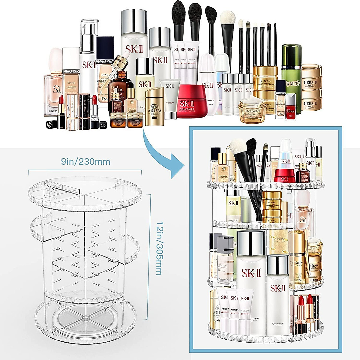YIEZI 360 Degree Rotating Makeup Organizer,Large Capacity Make up Caddy Shelf,Acrylic Perfume Storage, Adjustable Skin Care Organisers for Dresser Tabletop and Bathroom, Clear (Diamond)