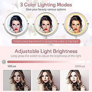 VESAUR 8" Rechargeable Lighted Makeup Mirror, 1X/10X Magnifying Mirror with 3 Colors 50 LED Lights, Touch Screen Brightness Adjustable, Removable Travel Vanity Mirror 360° Rotation, Senior Nickel