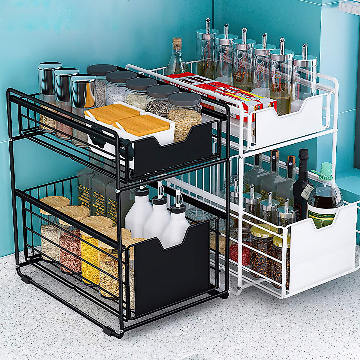 2 Tier Sliding Cabinet Basket Drawer Sliding Basket Under Sink Cabinet Storage Shelf for Kitchen Countertop Pantry Bathroom Office Desktop - Black