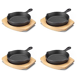 Navaris Mini Cast Iron Skillet with Wooden Base (Set of 4) - Cast Iron Frying Pan Mini Skillet with Protective Wood Base - Heavy Duty Metal Skillet Weighing 426g