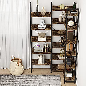 PAKASEPT 6-Shelf Corner Bookshelf, Triple Wide 6-Tier Bookcase, Large Modern Corner Shelf with Metal Frame, Open Bookshelves for Living Room Home Office, Rustic Brown