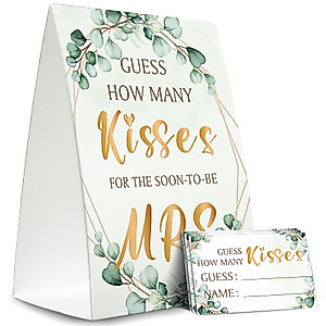 Tesedupoole Bridal Shower Game Cards Kit (1 Standing Sign + 50 Guessing Cards),Greenery Golden,Guess How Many Kisses for The Soon to Be Mrs,Bridal Tribe Party - RH15
