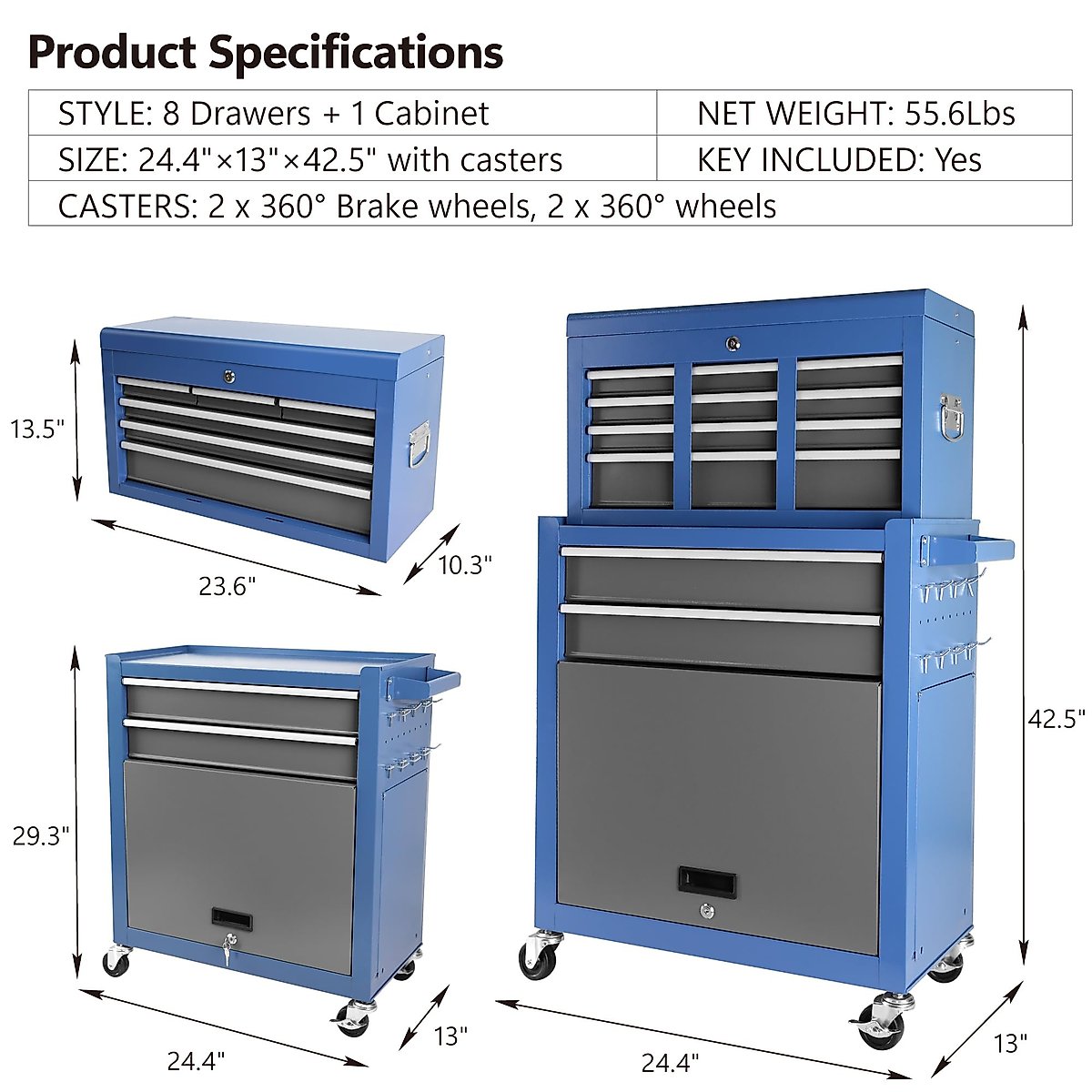 PULLAFUN 8-Drawer Rolling Tool Chest, 2-in-1 Rolling Tool Storage Cabinet with Detachable Top Tool Box, Liner, Universal Lockable Wheels,Tool Cart for Garage Workshop
