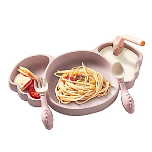 bc babycare Silicone Toddler Plates, Suction Plates for Baby Include Spoon, Fork and Straw, Self Feeding Training Divided Plates Set, Microwave & Dishwasher Safe & BPA Free (Pink Cute Koala)