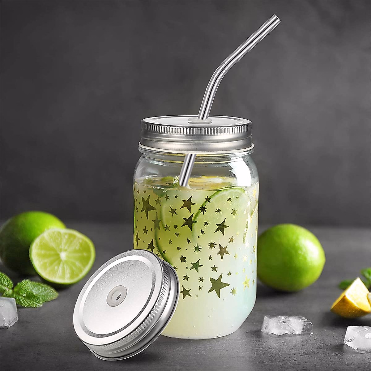 26 PCS Regular Mouth Mason Jar Lids with Straw Hole - 70MM Canning Lids Drinking Jar Lids Tinplate Jar Lids Silver Canning Jar Caps with Silicone Ring/Straws/Cleaning Brush for Drinking Food Storage