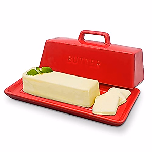 Gute Butter Dish with Lid for Countertop, Covered Ceramic Butter Dish, Butter Tray Storage for 1 Stick of Butter, Butter Keeper Container with Handle for Kitchen, Red