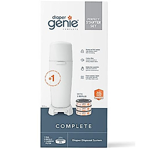 Diaper Genie Complete Diaper Pail (White) with Antimicrobial Odor Control | Includes 1 Diaper Trash Can, 3 Refill Bags, 1 Carbon Filter