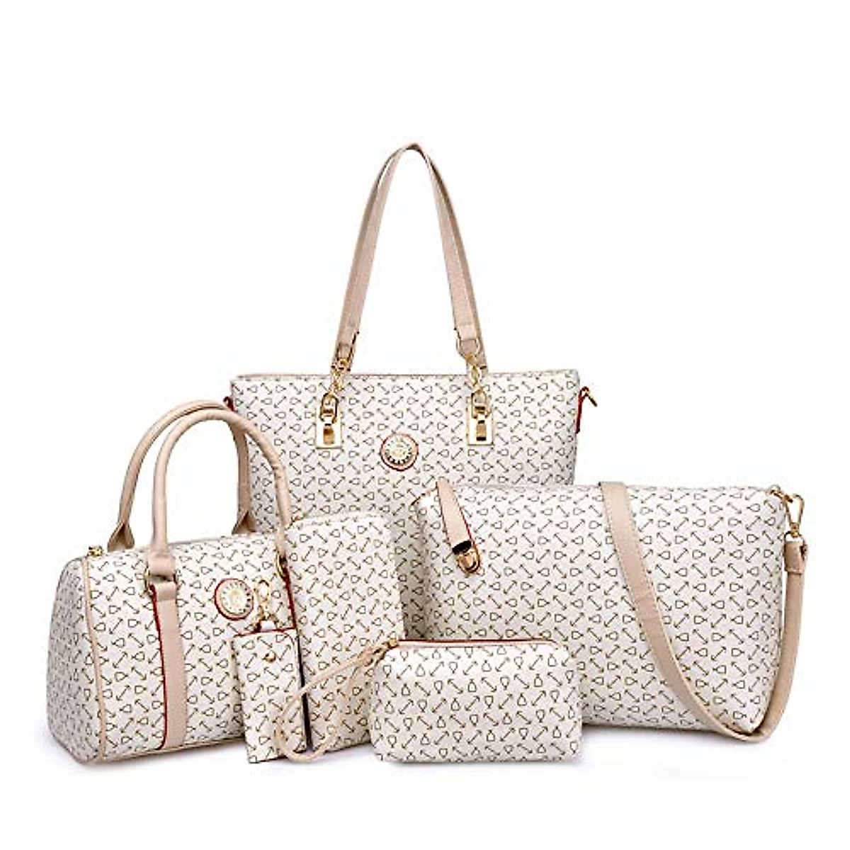 Women Handbag Set 6 Pcs PU Leather Tote Purse Set Multi-purpose Classic Shoulder Bag (Off White)