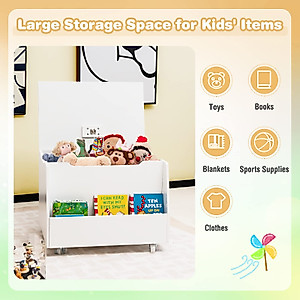 Costzon Wooden Toy Box, Kids Toy Storage Organizer with Front Bookshelf, Flip-Top Lid, Safety Hinge, 4 Universal Wheels, Boys Girls Toy Chest Bench for Playroom Kids Room Organization (White)