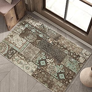 jinchan Boho Area Rug 2x3 Vintage Entryway Rug Patchwork Washable Rug Tribal Doormat Kitchen Rug Floral Print Rug Decor Indoor Non Slip Soft Carpet for Bedroom Bathroom Home Office Brown/Teal