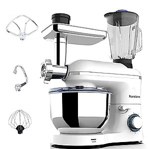 Nurxiovo Kitchen Stand Mixer, Multifunctional 3 in 1 Food Mixer Tilt-Head 850W Dough Machine with 6-1/2 Qt Stainless Steel Bowl, Hook, Whisk, Beater, Meat Blender and Juicer, White