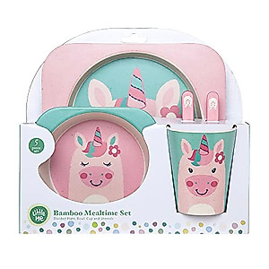 Little Me 5-Pack Bamboo Dinnerware Set - Dishwasher Safe Kids Dishes & Utensils - Unicorn Plate, Bowl, Cup, Spoon & Fork
