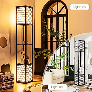 Tangkula Modern Shelf Floor Lamp, Freestanding Double Lamp w/ 2-Tier Wood Shelf & White Lampshade, E26 Bulb Base, Pull Chain & Foot Switch, Display Floor Light for Living Room Bedroom Office