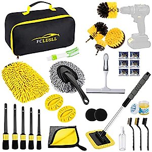 FCLUSLL 32Pcs Car Cleaning Wash Kit with Windshield Cleaning Tool, Auto Drill Brush Set, Detailing Brushes Set, Cleaning Gel, Complete Interior Care Kit, Yellow
