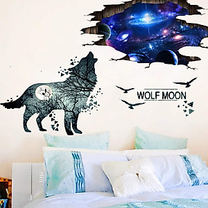 AMODA 3D Galaxy Outer Space Wall Decor,Self-Adhesive Wolf and Moon Sofa Backdrop TV Background Wall Decors,Creative Broken Wall Art Mural for Teen Bedroom Living Room Nursery Playroom
