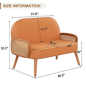 WENTMENT Loveseat Sofa Small Couch for Living Room, Faux Leather Mini Couch Love Seat with Natural Rattan Armrest and Solid Wooden Legs Small Sofa for Small Space, Bedroom, Apartment（Orange）