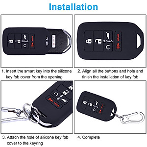 Wisdompro Key FOB Cover with Keychain for Honda Accord Civic CR-V Pilot Passport Insight, Silicone Full Protection Smart Remote Key Case Protector - Black, 2 Pcs