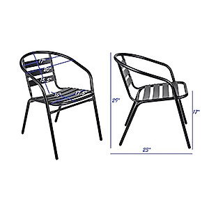 BTEXPERT Indoor Outdoor 23.75" Restaurant Stainless Steel Metal Aluminum Slat Stack Commercial Lightweight, 4 Chairs with a Square Table, Silver/Black