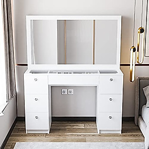 Boahaus Venus Modern Vanity Desk, Wide Mirror, Multi Color (White/Black), Custom Size, for Bedroom (White Standard, Basic Knobs)