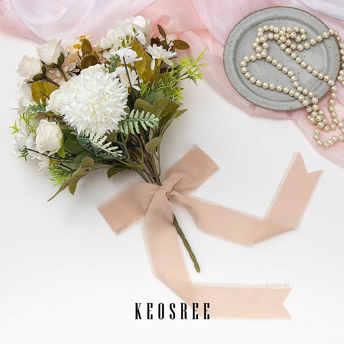 KEOSREE 3 Rolls Nude & Cream White Handmade Chiffon Ribbon,1.5" x 21Yd Frayed Fringe Silk Ribbons (3 Rolls *7Yd) for Gifts Wrapping, Wedding Invitations, Bridal Bouquets, Decorations