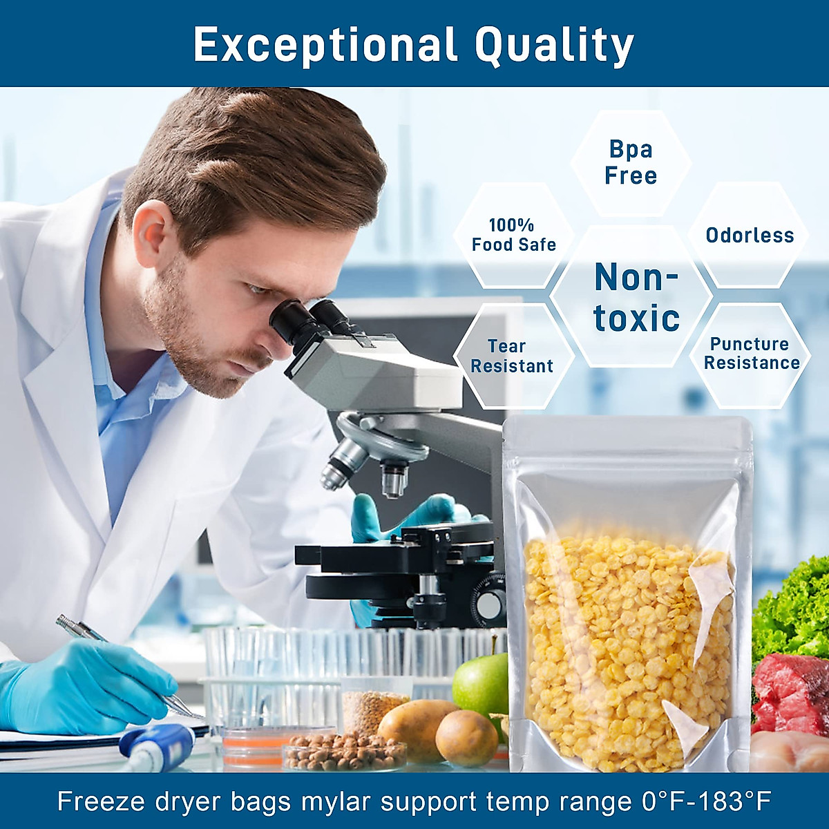 50 Packs Mylar Bags for Food Storage with Clear Window,1 QUART( 9.44 Mil, 7"x 10")Reusable Mylar Bags with Oxygen Absorber for Grains, Wheat, Rice, Legumes, Meat Long Term Food Storage