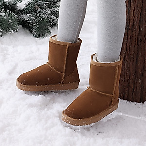 DREAM PAIRS Girls Boys Boots Kids Faux Fur Lined Winter Mid Calf Snow Boots Shorty-K Chestnut Size 2 Little Kid